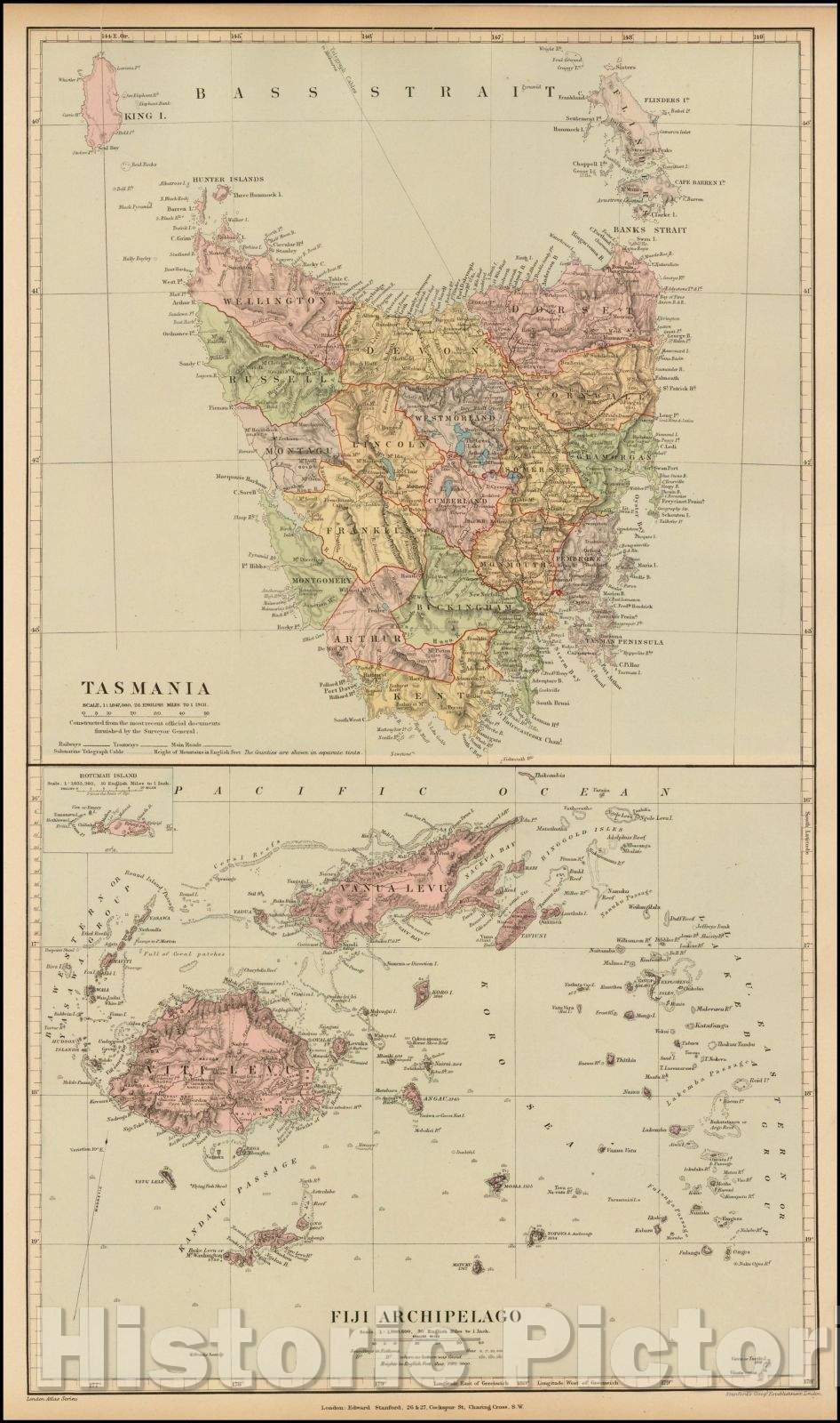 Historic Map - Tasmania/Fiji Archipelago, 1896, Edward Stanford - Vint ...