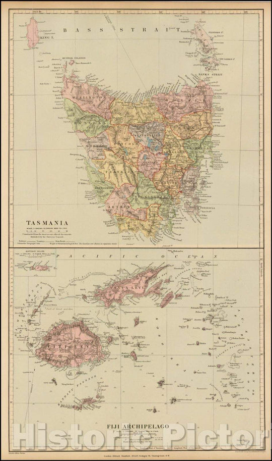 Historic Map - Tasmania/Fiji Archipelago, 1896, Edward Stanford - Vint ...