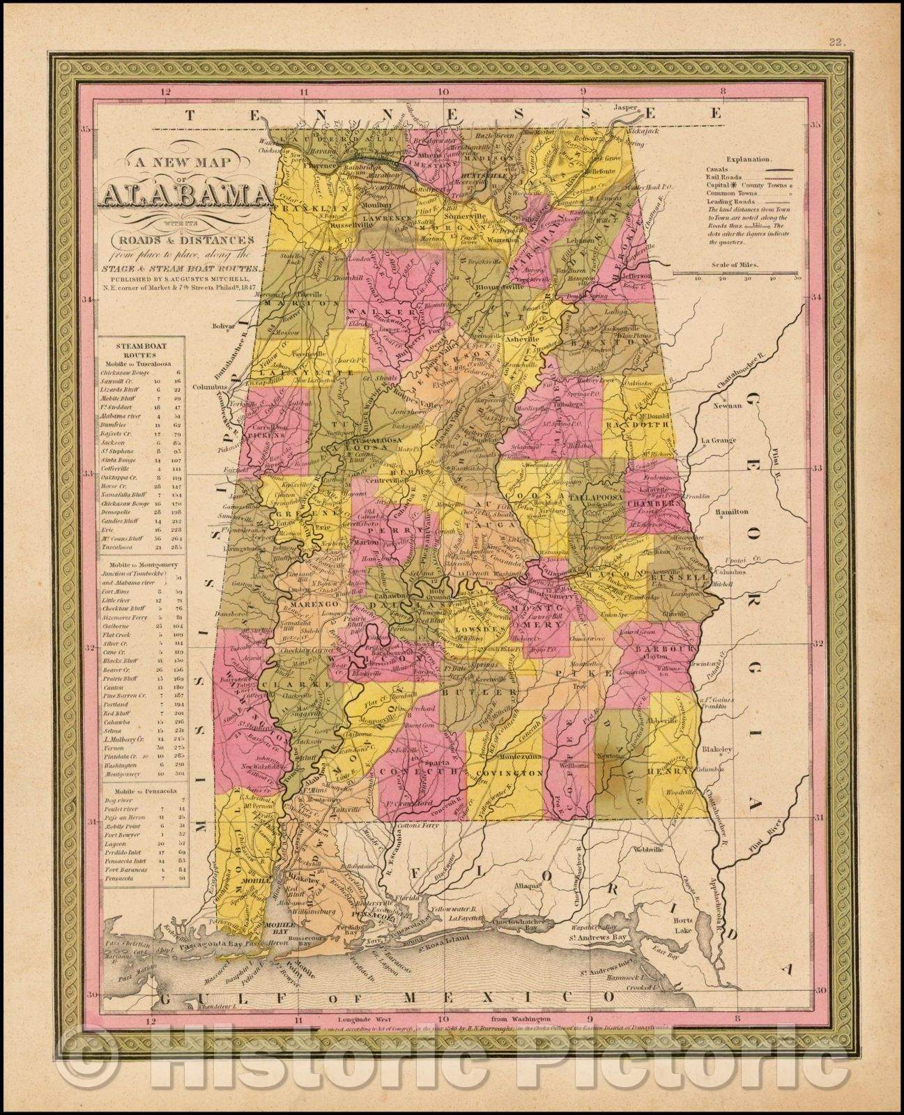 Historic Map - A New Map Of Alabama with its Canals, Roads, Distances ...