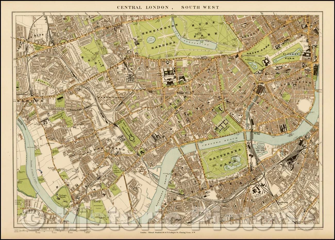 Historic Map - Central London, South West, 1896, Edward Stanford - Vin ...