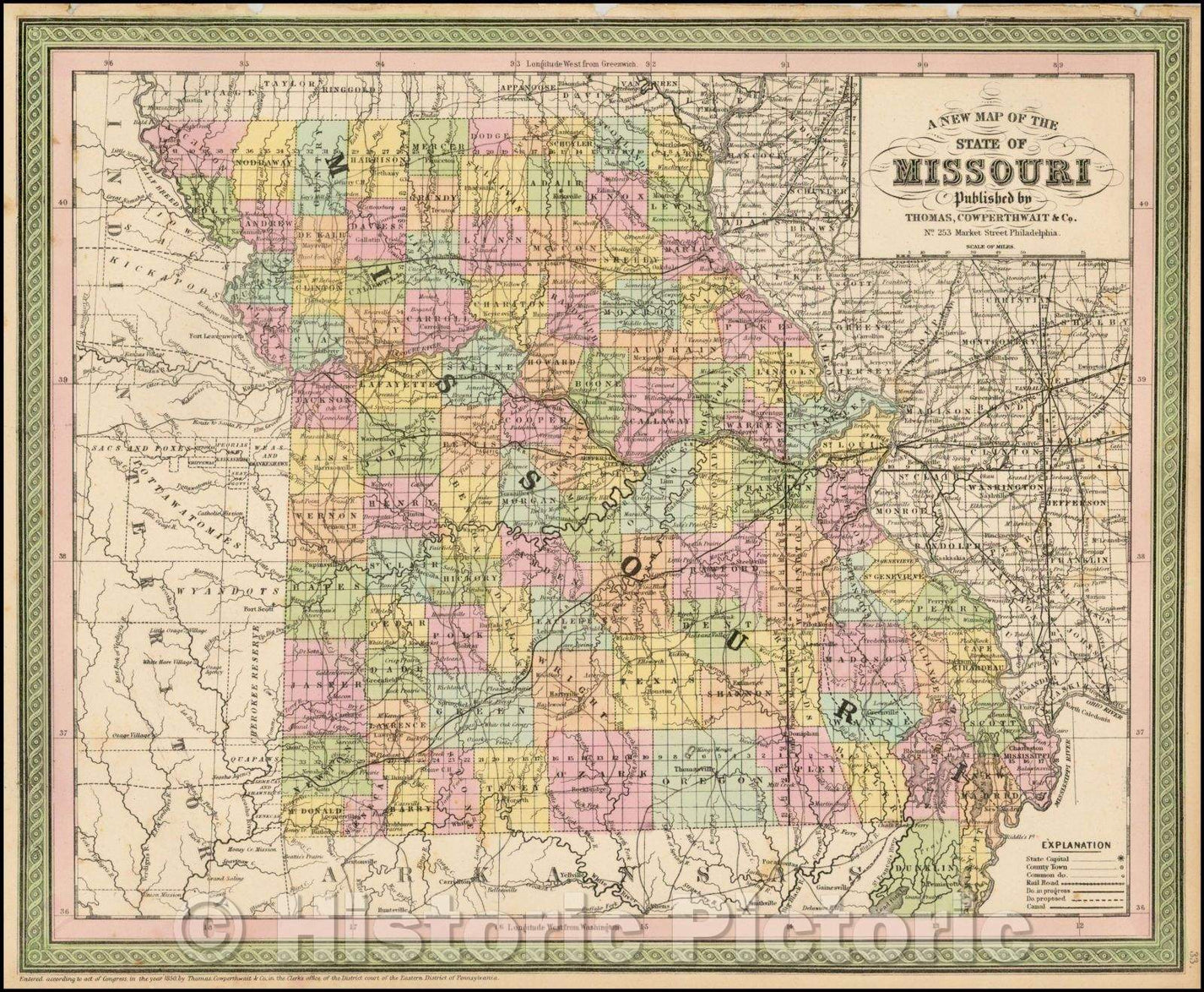 Historic Map - Map Of The State Of Missouri, 1851, Thomas, Cowperthwai ...