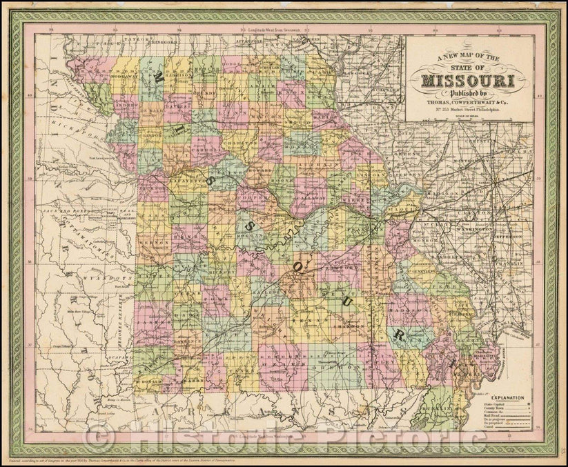 Historic Map - Map Of The State Of Missouri, 1851, Thomas, Cowperthwai ...
