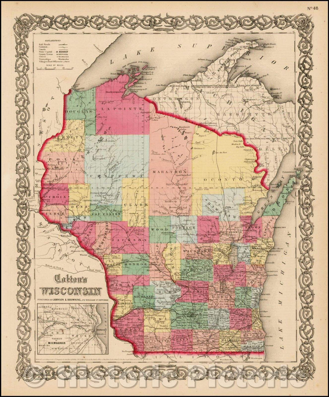 Historic Map - Colton's Wisconsin, 1859, Joseph Hutchins Colton - Vint ...