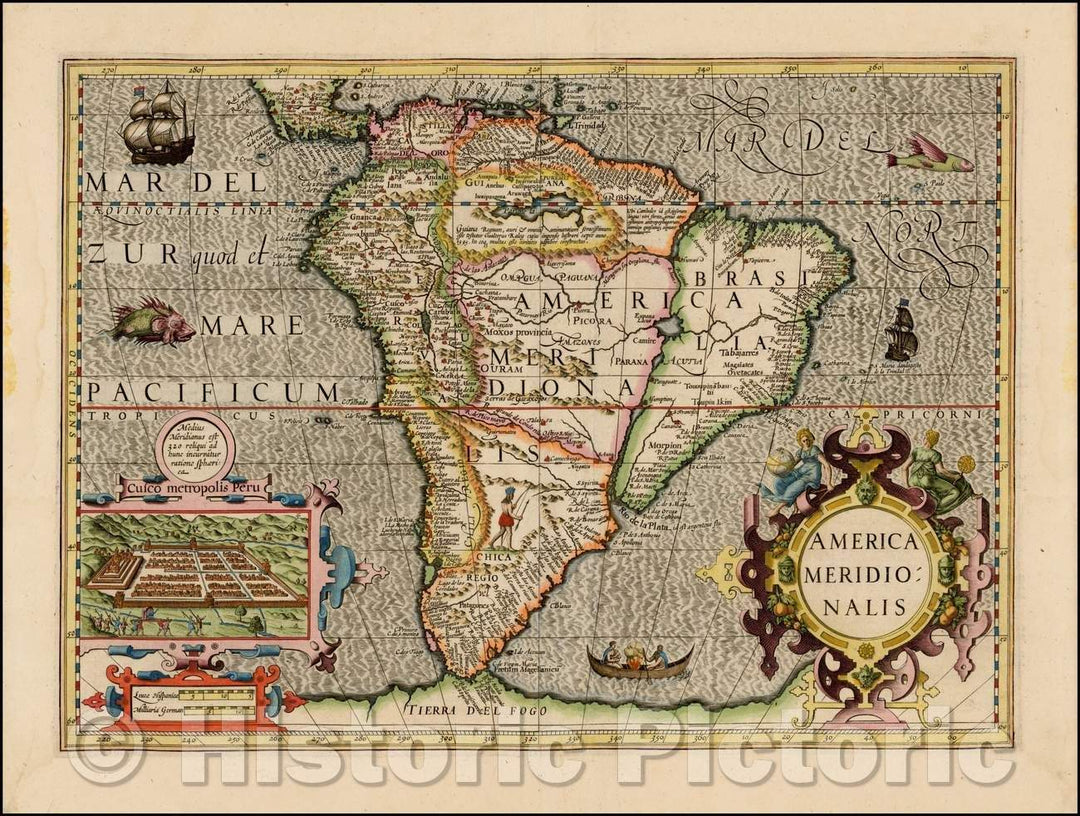 Historic Map - America Meridionalis, 1610, Jodocus Hondius - Vintage W ...