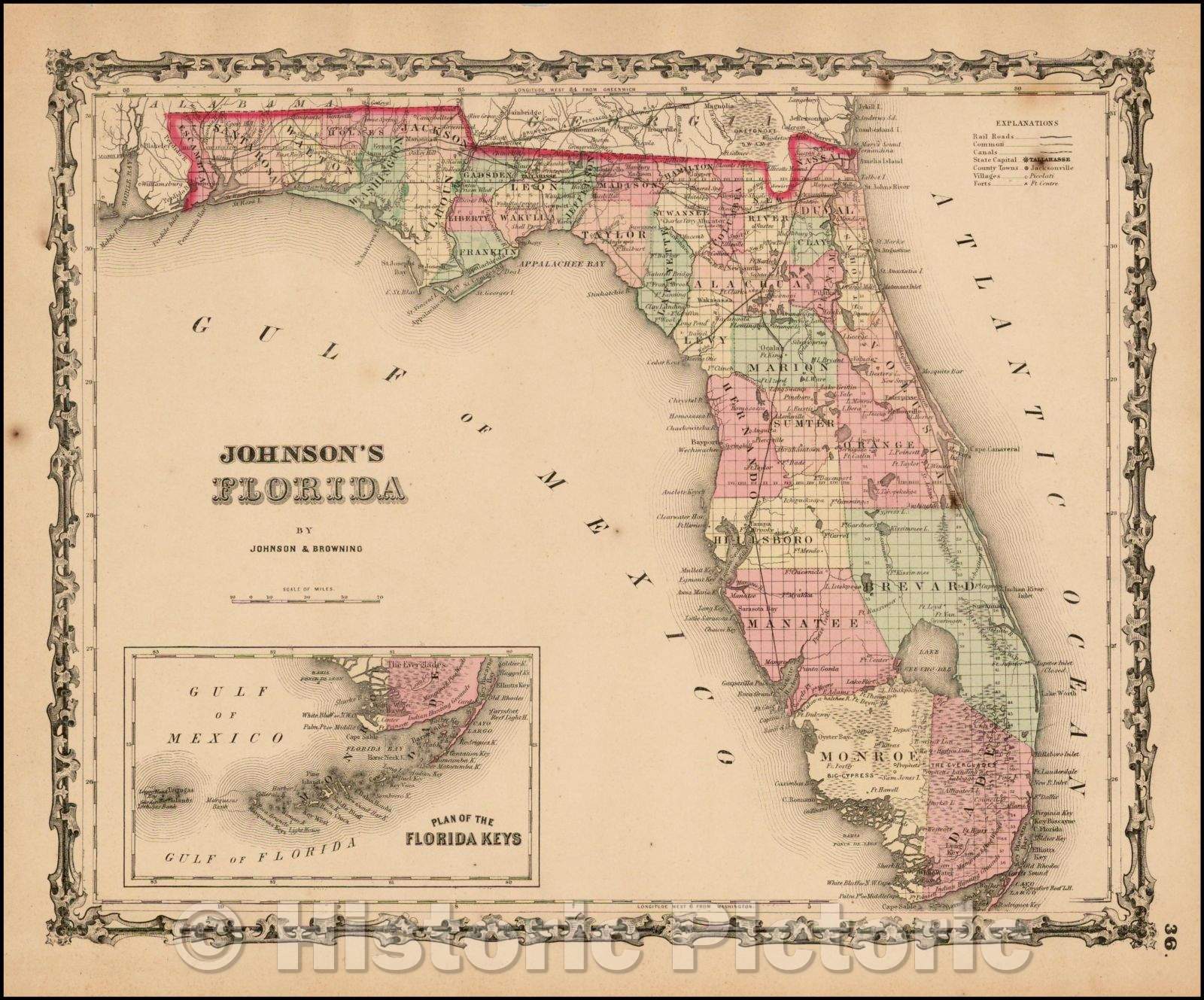 Historic Map - Johnson's Florida, 1860, Alvin Jewett Johnson - Vintage ...