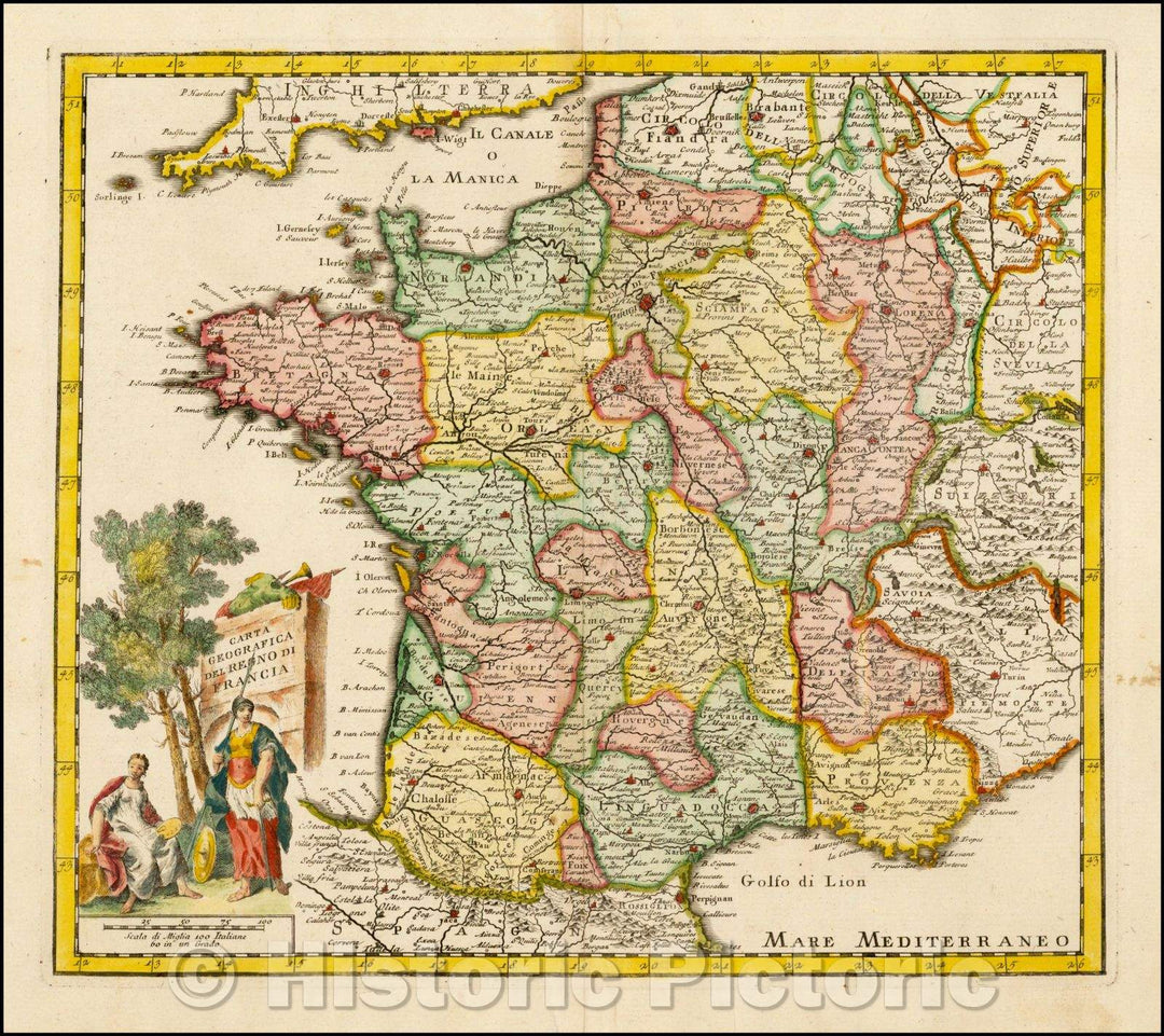 Historic Map - Carta Geografica del Regno Di Francia/Map of France, ba ...