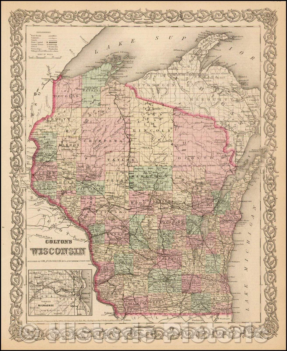 Historic Map - Colton's Wisconsin, 1855, Joseph Hutchins Colton - Vint ...