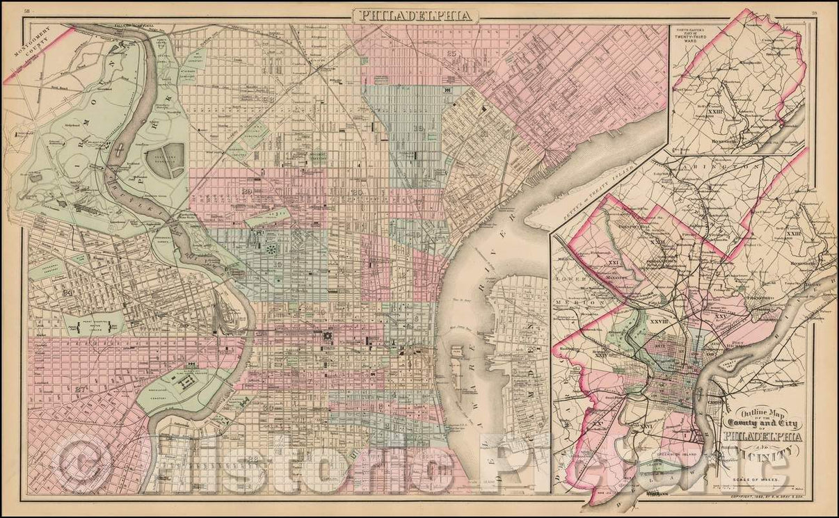 Historic Map - Outline Map of the County and City of Philadelphia and ...