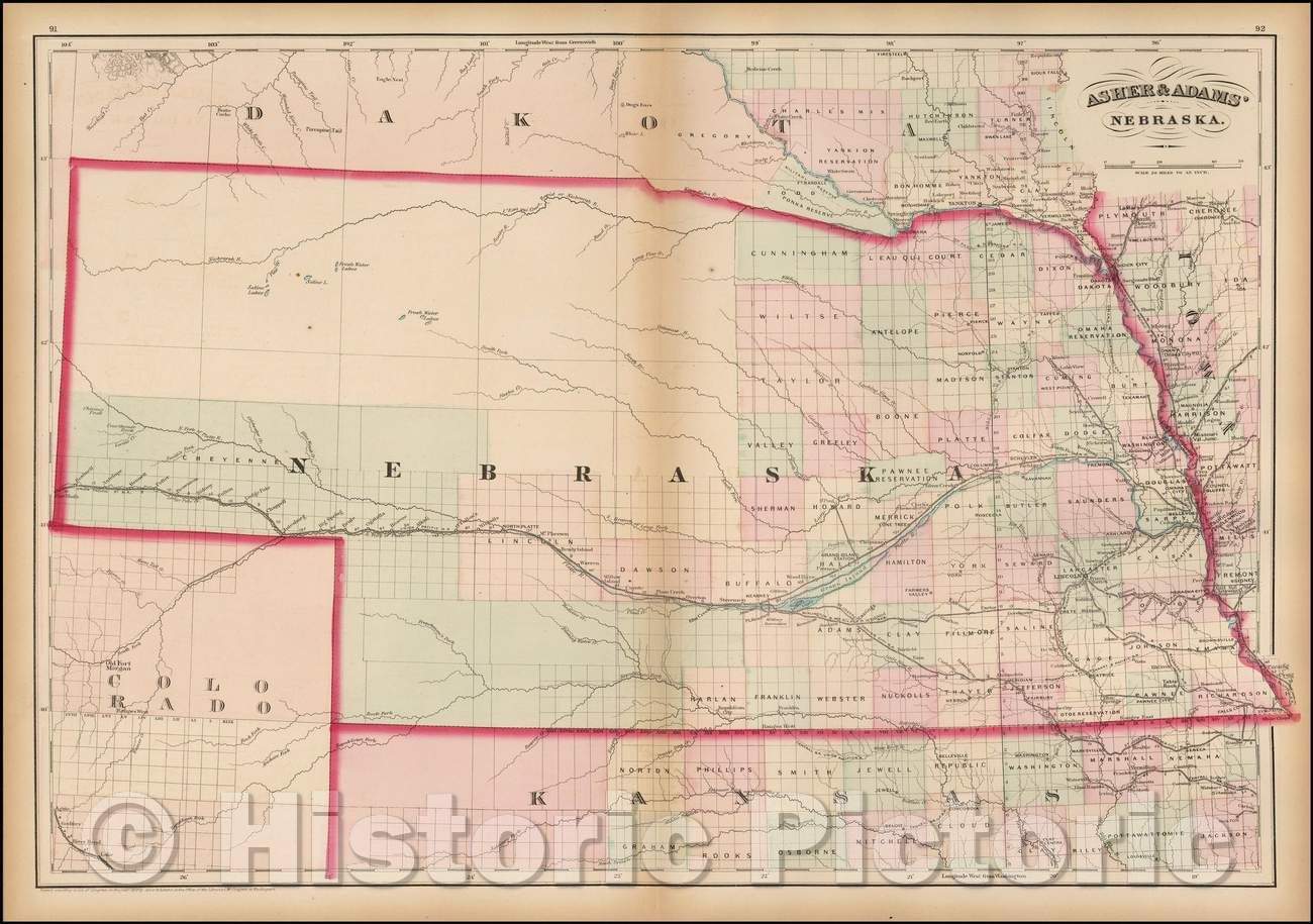 Historic Map - Asher & Adams' Nebraska, 1872, Asher - Vintage Wall Art ...