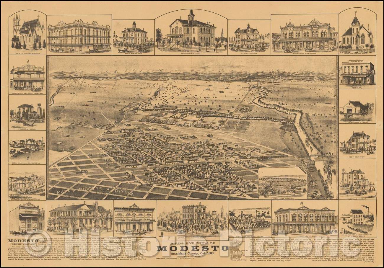 Historic Map - Birds Eye View of Modesto, Stanislaus County, Cal. (Loo ...