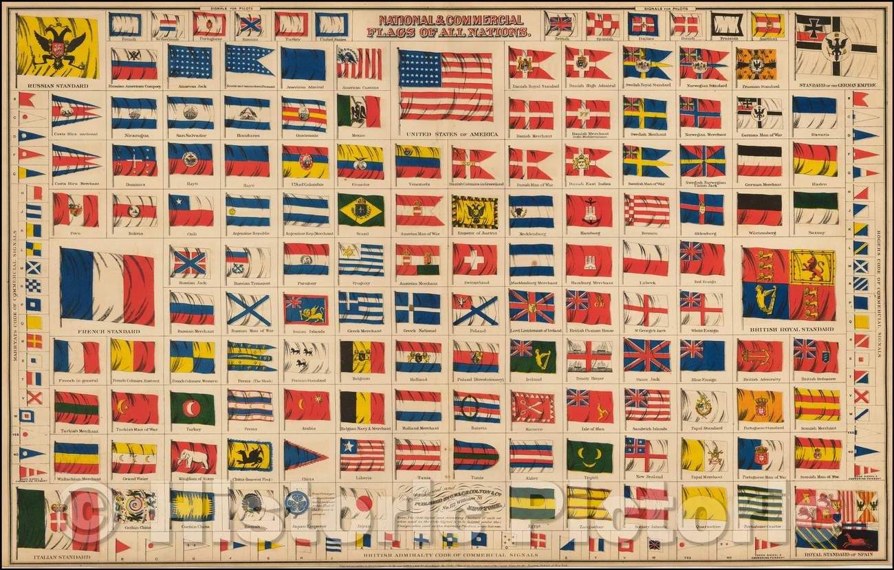 Historic Map - National & Commercial Flags of All Nations, 1868, G.W ...