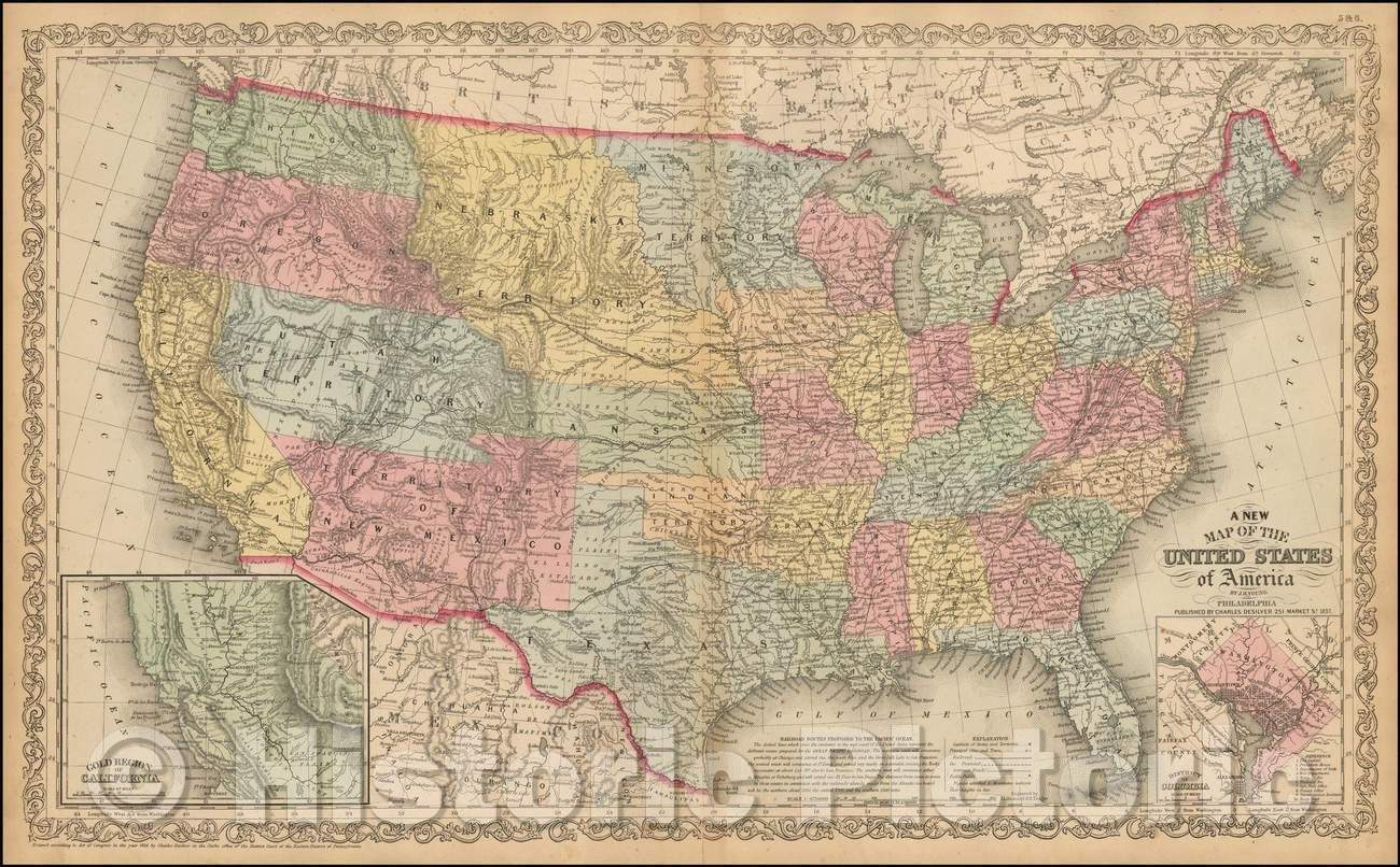 Historic Map - The United States of America, 1857, Charles Desilver ...