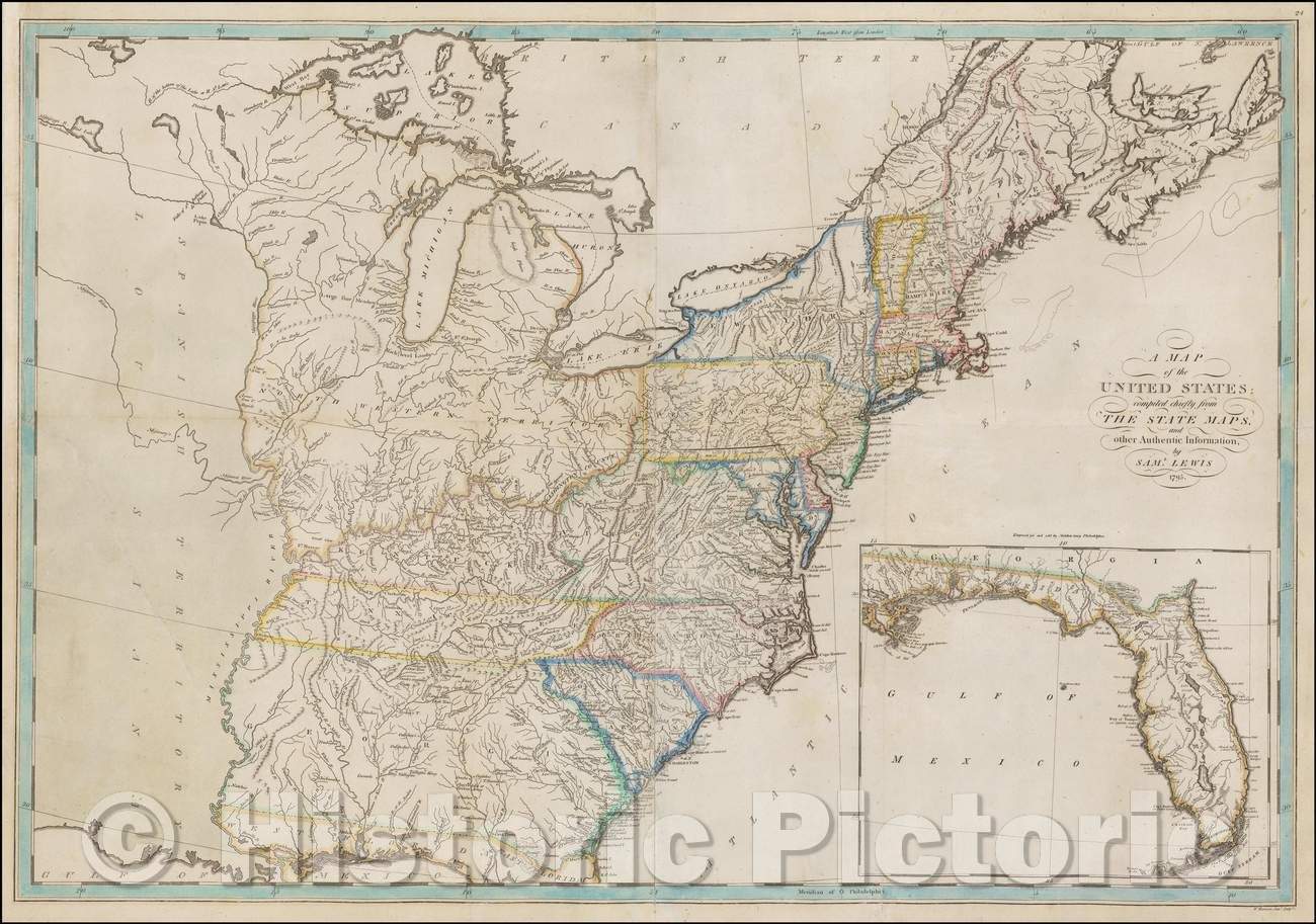 Historic Map - United States, 1795, Matthew Carey - Vintage Wall Art ...
