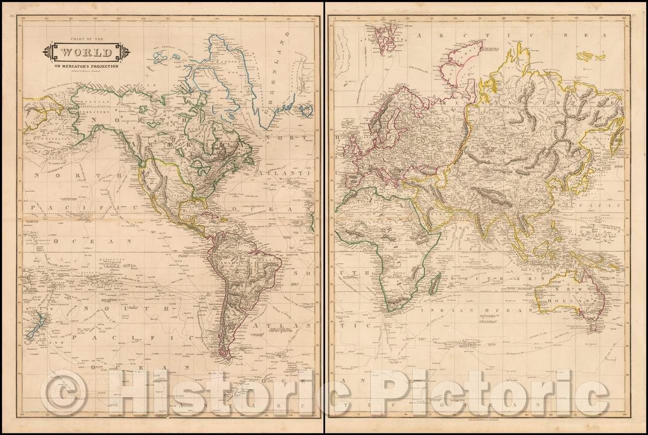 Historic Map - Chart of the World on Mercator's Projection, 1838, Will ...