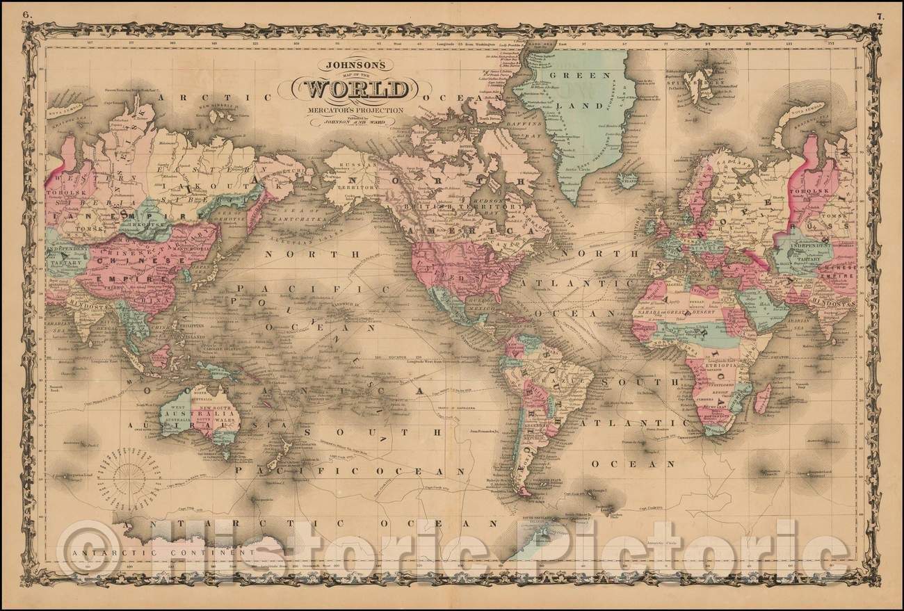 Historic Map - Johnson's Map of the World on Mercator's Projection, 18 ...