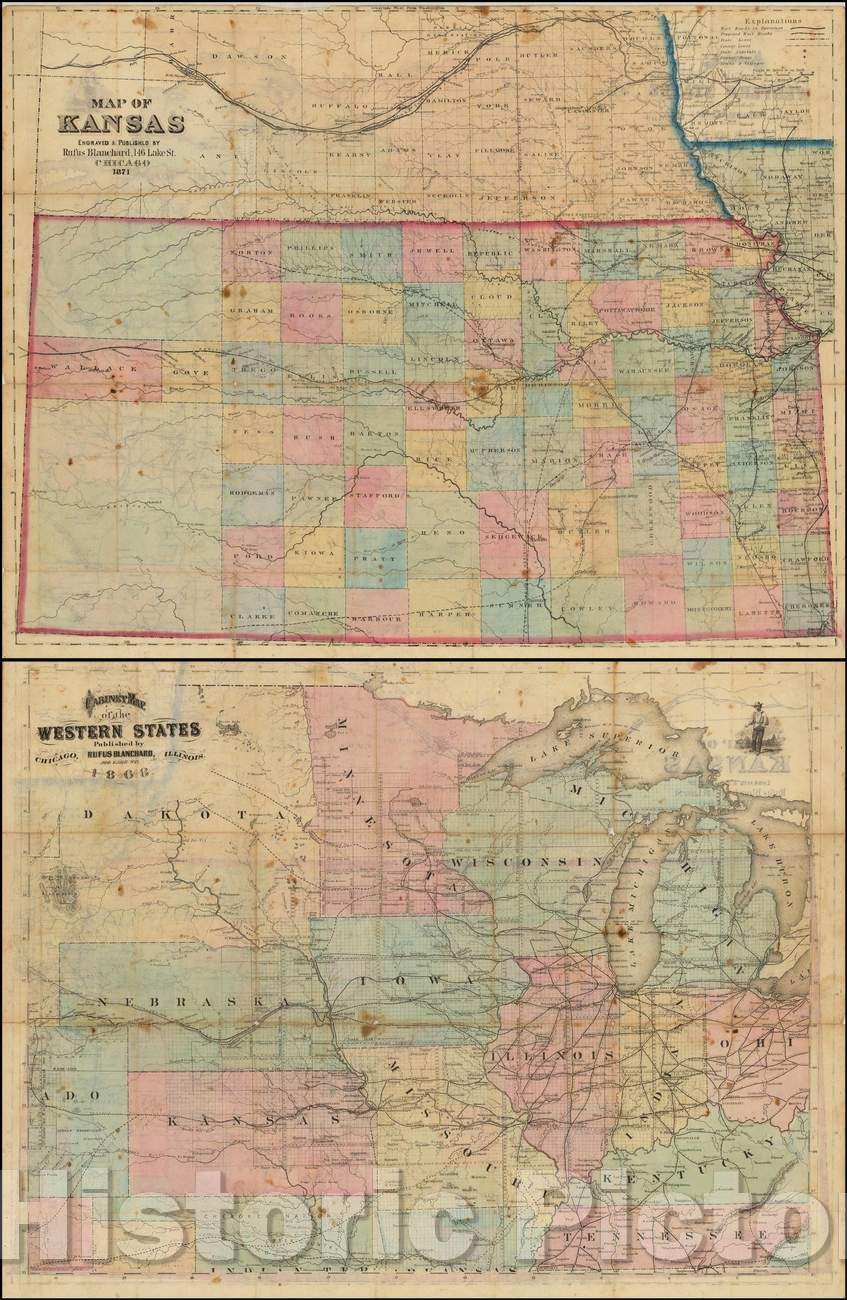 Historic Map - Map of Kansas Engraved &, 1868, Rufus Blanchard - Vinta ...