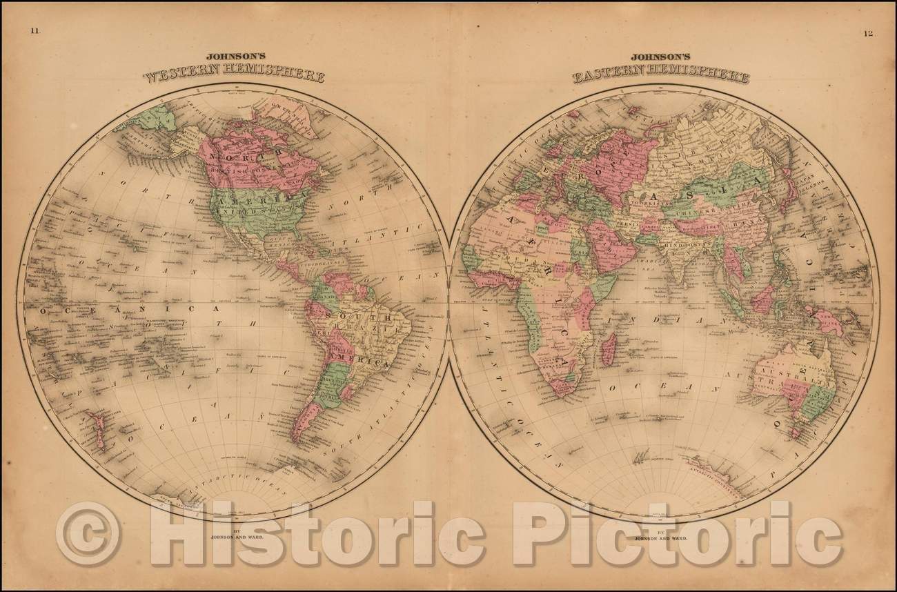 Historic Map - Johnson's Western Hemisphere & Johnson's Eastern Hemisp ...
