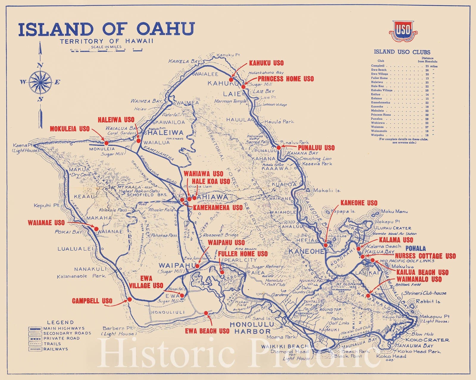Historic Map - Island of Oahu Territory of Hawaii, 1945, USO - Vintage ...