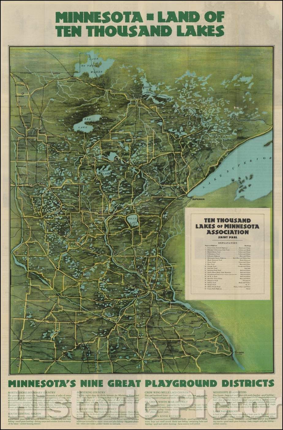 Historic Map - Minnesota - Land of Ten Thousand Lakes, 1918, Ten Thous ...