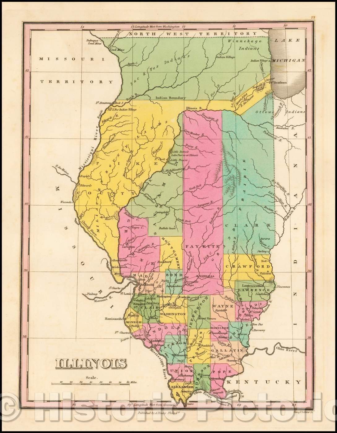 Historic Map - Illinois, 1826, Anthony Finley - Vintage Wall Art ...