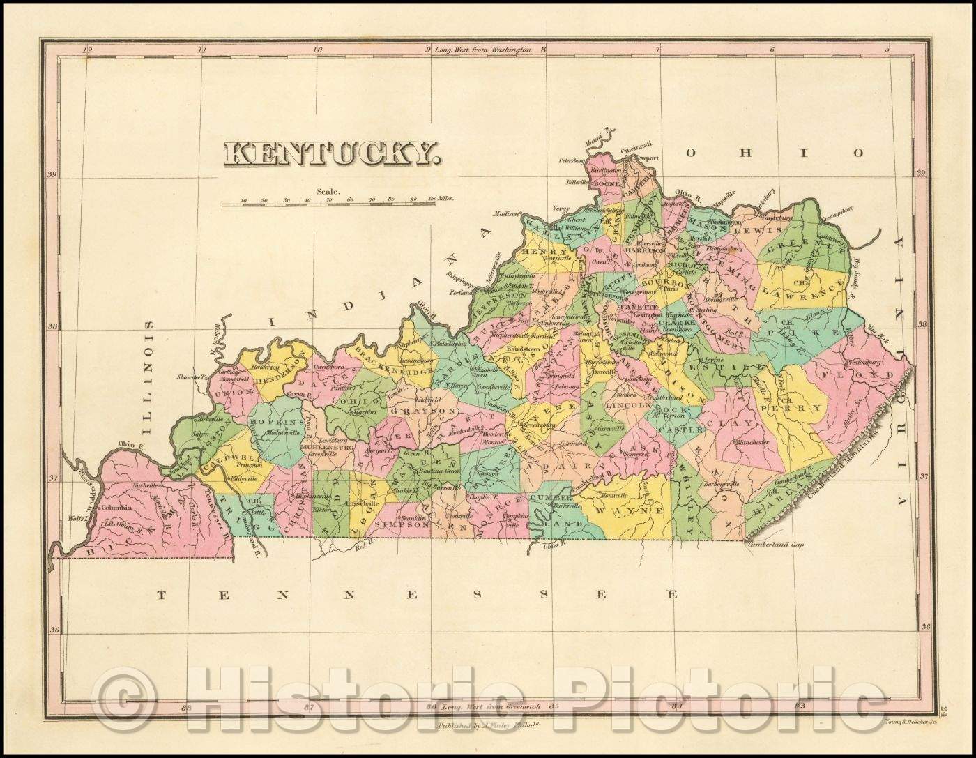Historic Map - Kentucky, 1824, Anthony Finley - Vintage Wall Art ...