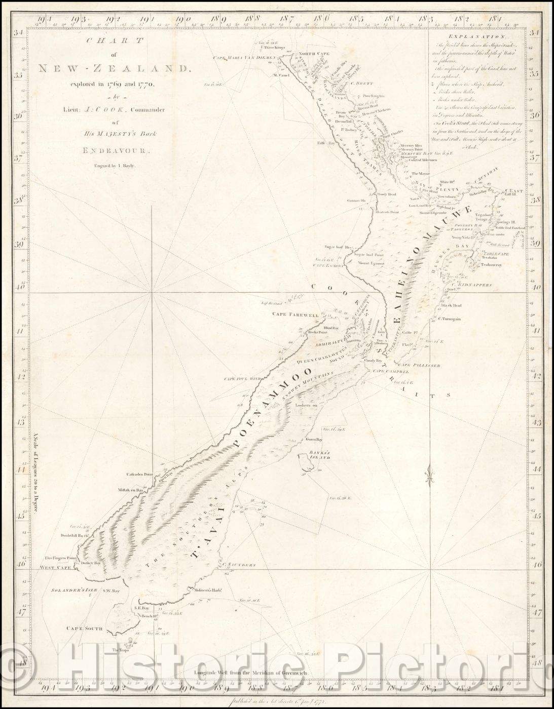 Historic Map - Chart of New-Zealand, explored in 1769 and 1770, 1773 ...