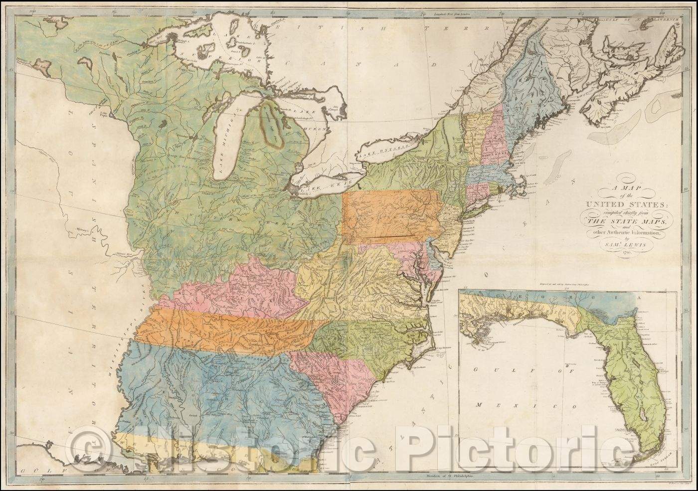Historic Map - United States, 1795, Matthew Carey - Vintage Wall Art ...