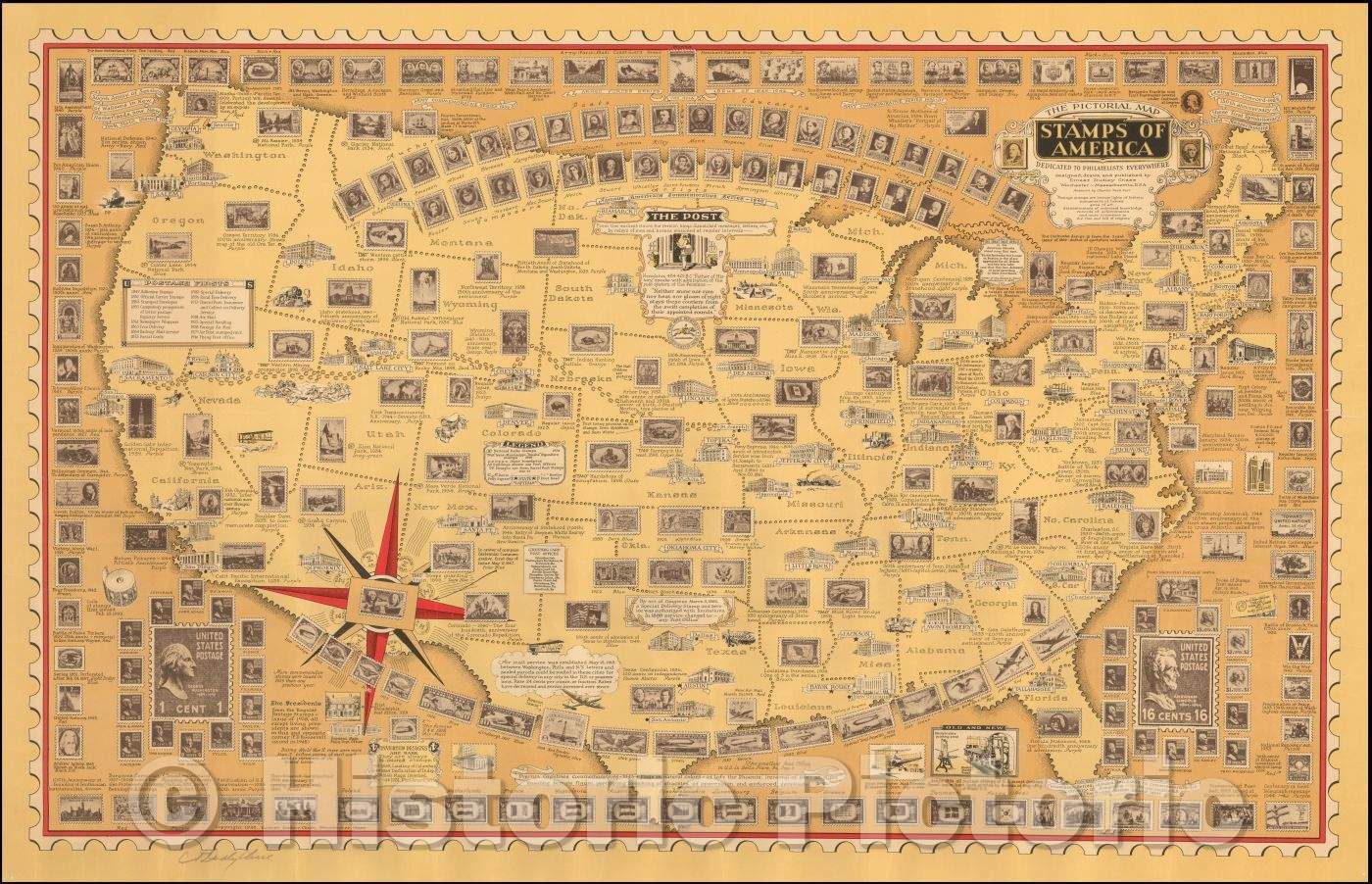 United States Stamps Pictorial Map 1947 Print | Historic Pictoric