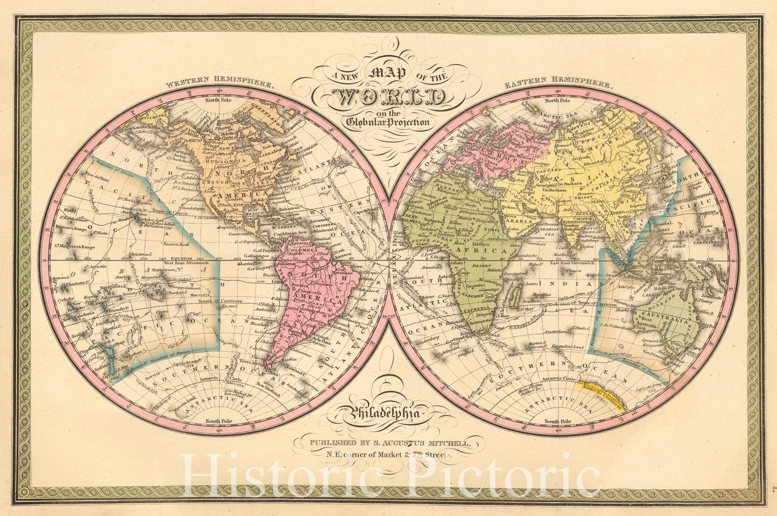 Historic Map - A New Map of the World on the Globular Projection, 1850 ...