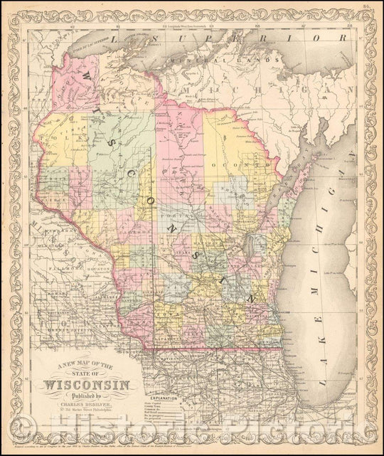 Historic Map - The State of Wisconsin, 1857, Charles Desilver - Vintag ...