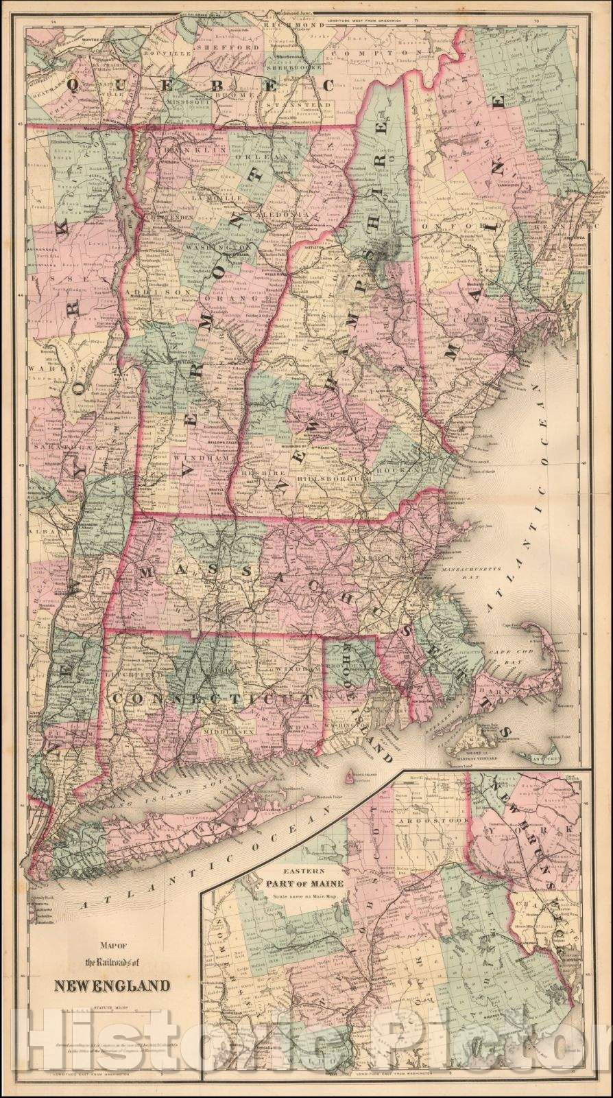 Historic Map - Map of the Railroads of New England, 1875, G.W. & C.B ...