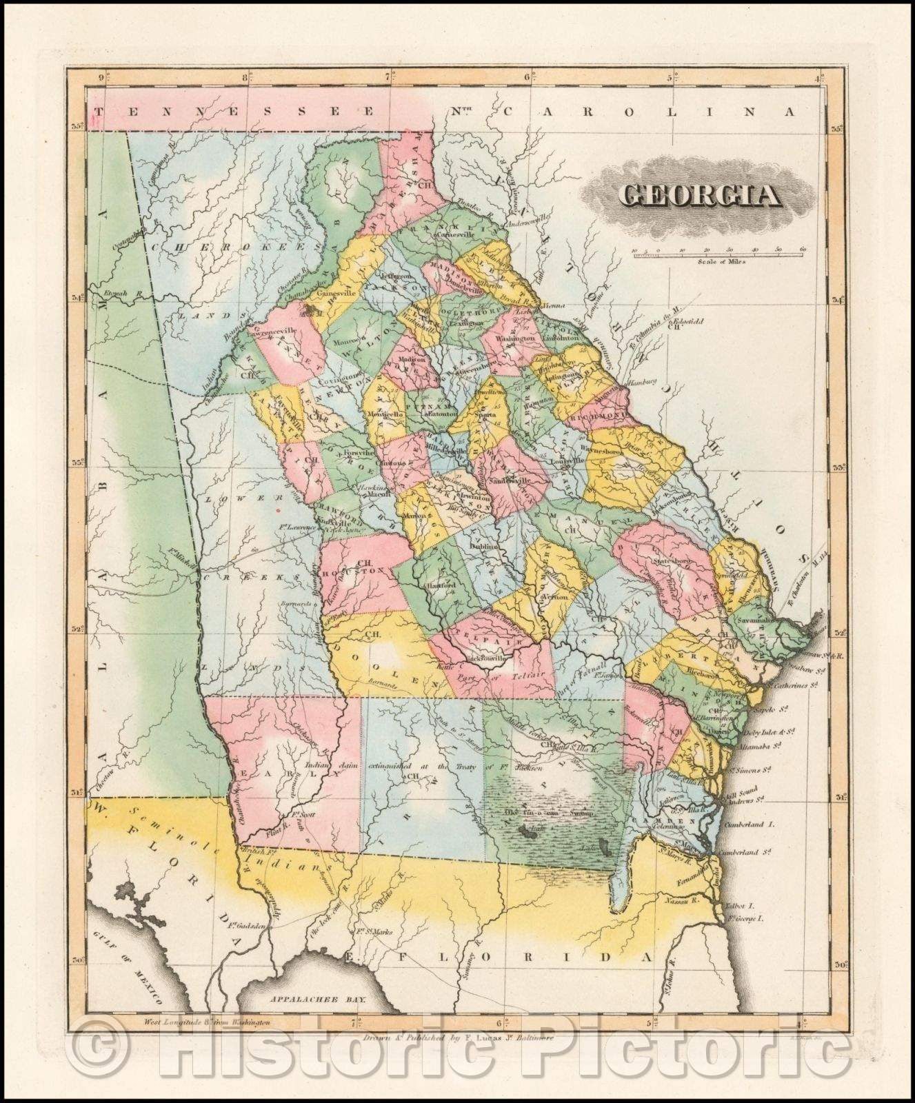 Historic Map - Georgia, 1823, Fielding Lucas Jr. - Vintage Wall Art ...