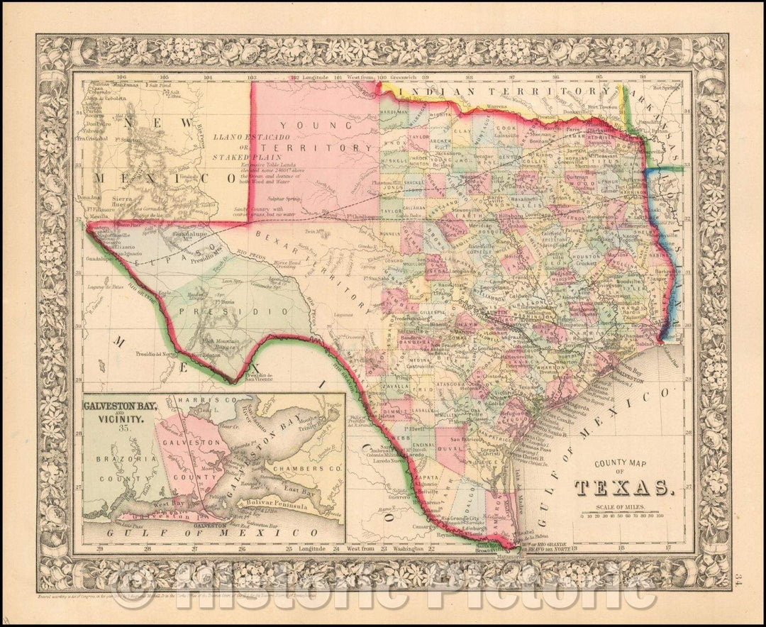 Historic Map - County Map of Texas, 1865, Samuel Augustus Mitchell Jr ...