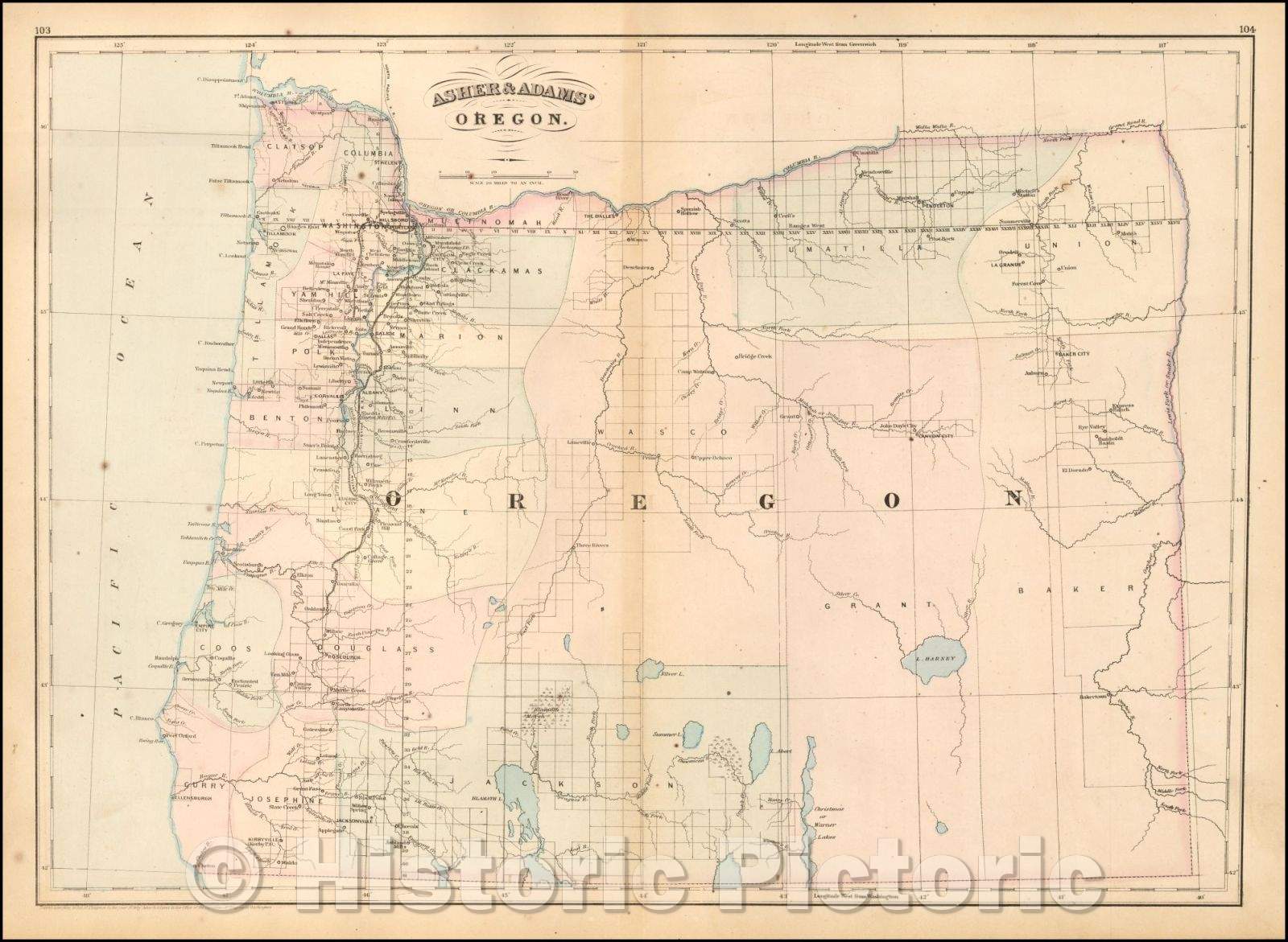 Historic Map - Asher & Adams Oregon, 1874, Asher - Vintage Wall Art ...