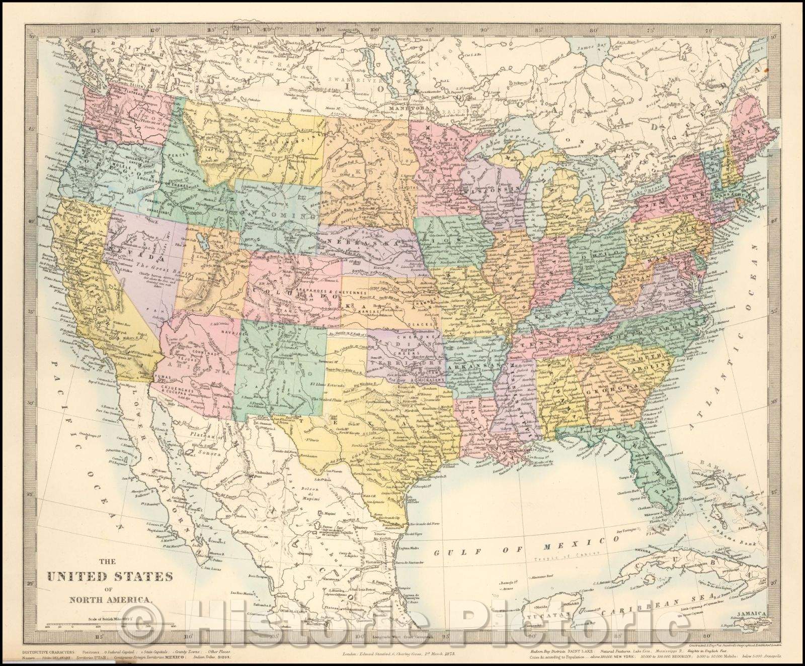 Historic Map - The United States of America, 1873, SDUK - Vintage Wall ...