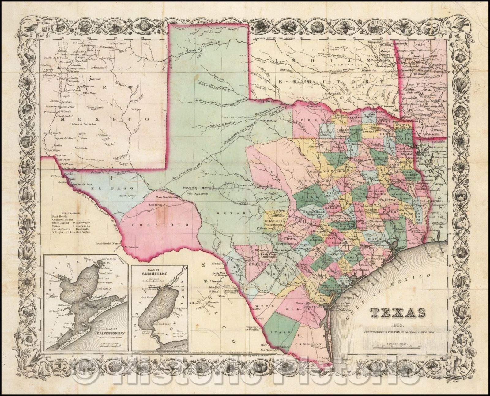 Historic Map - Texas, 1853, Joseph Hutchins Colton - Vintage Wall Art ...