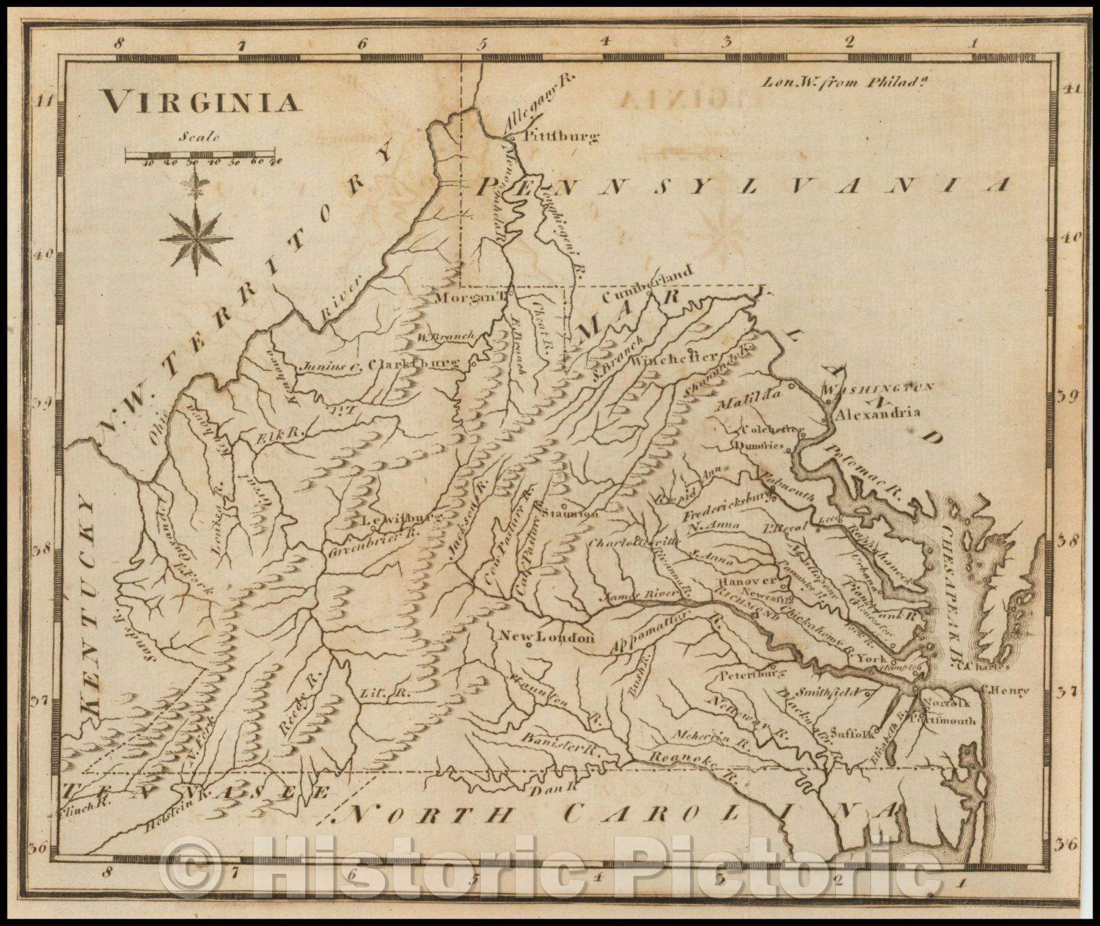 Historic Map - Virginia, 1795, Joseph Scott - Vintage Wall Art ...