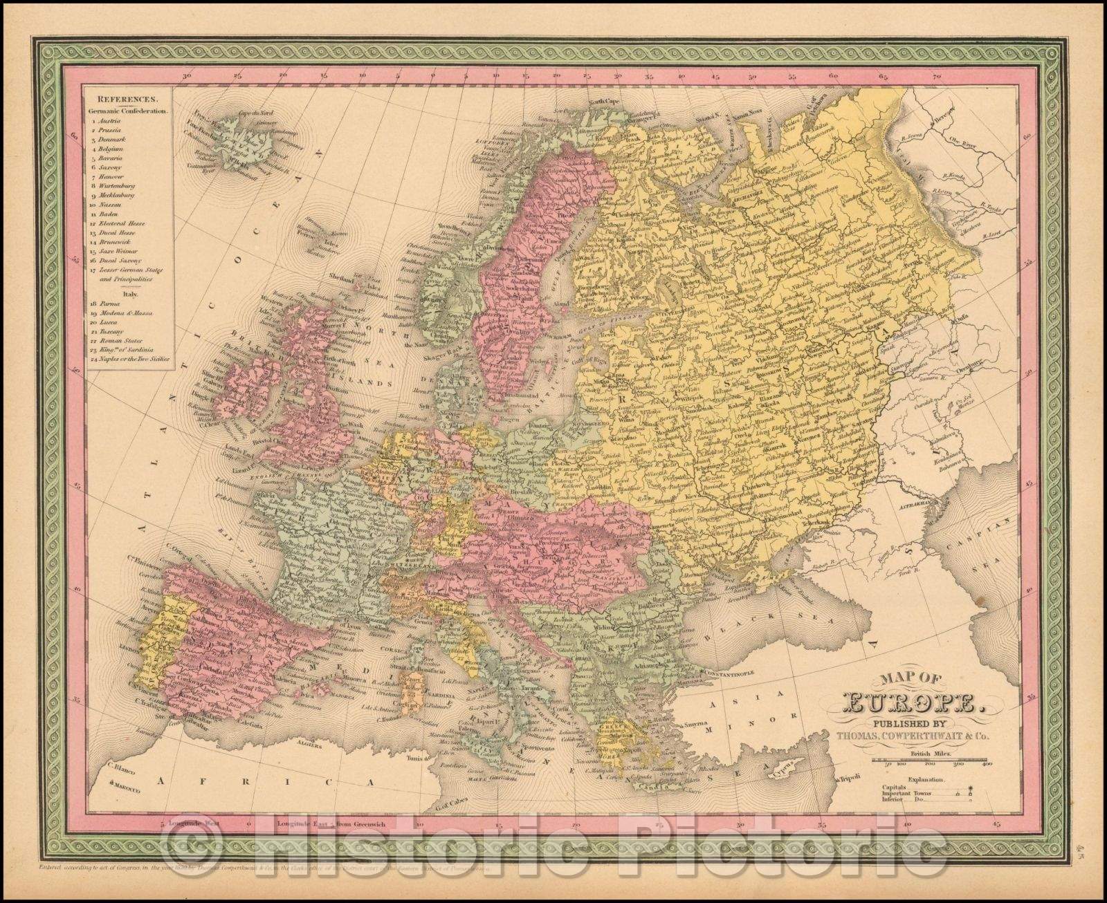 Historic Map - Map of Europe, 1852, Thomas, Cowperthwait & Co. - Vinta ...