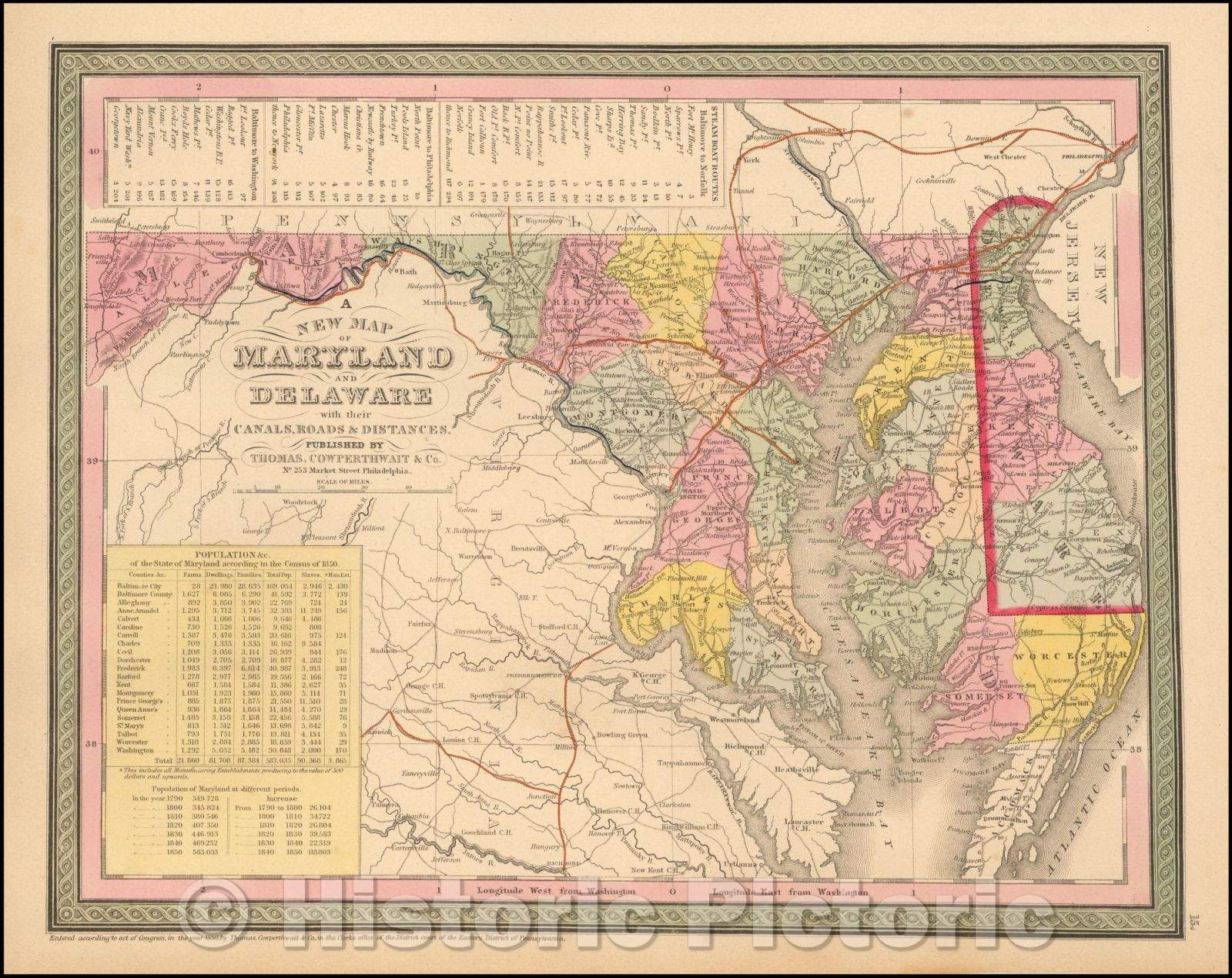 Historic Map - Maryland and Delaware with their Canals, Roads, Distanc ...