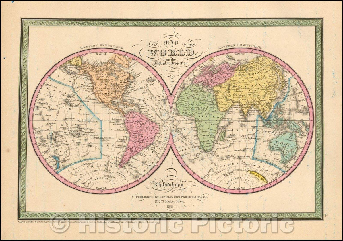 Historic Map - The World on the Globular Projection, 1852, Thomas, Cow ...