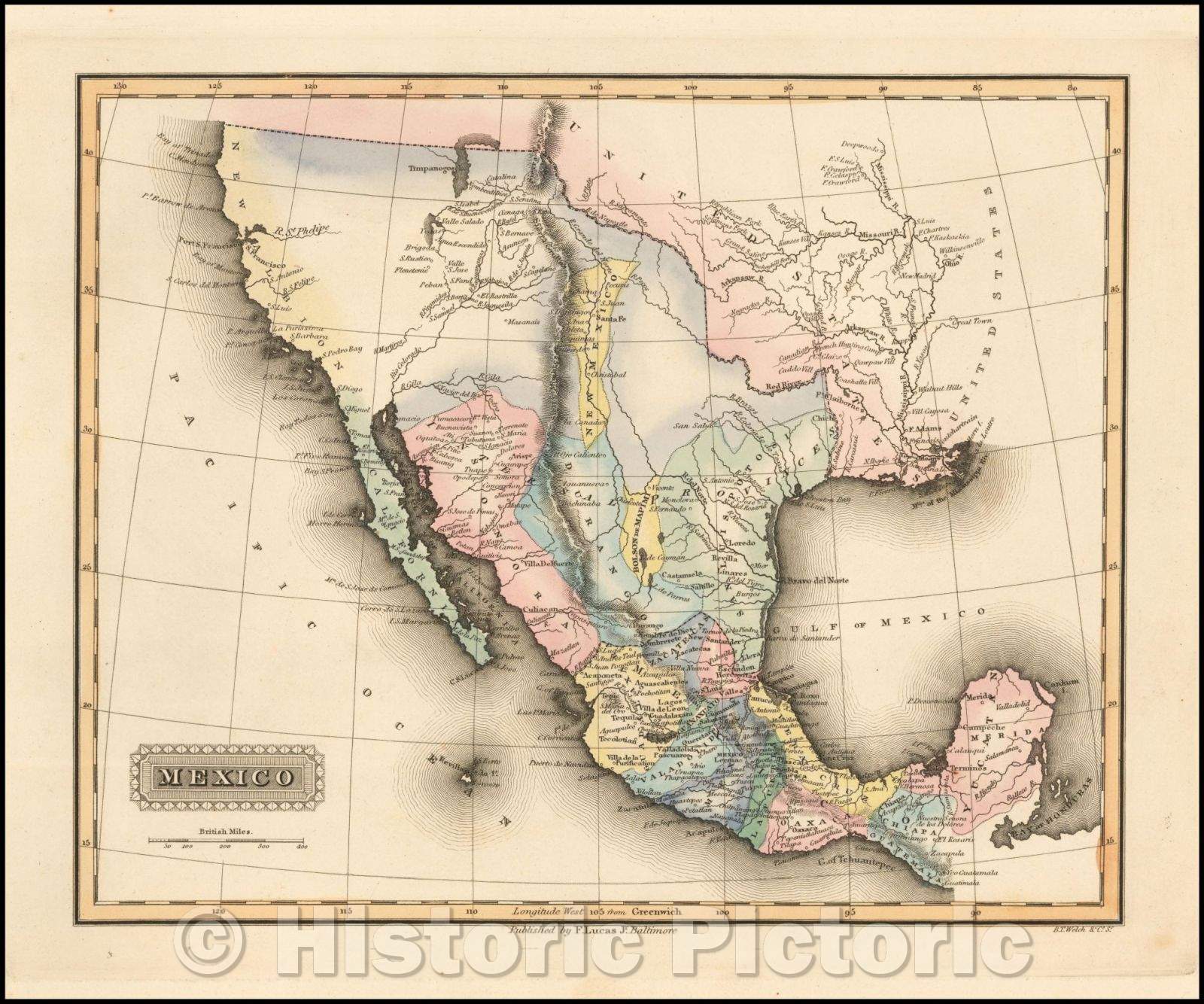 Historic Map - Mexico, 1823, Fielding Lucas Jr. - Vintage Wall Art ...