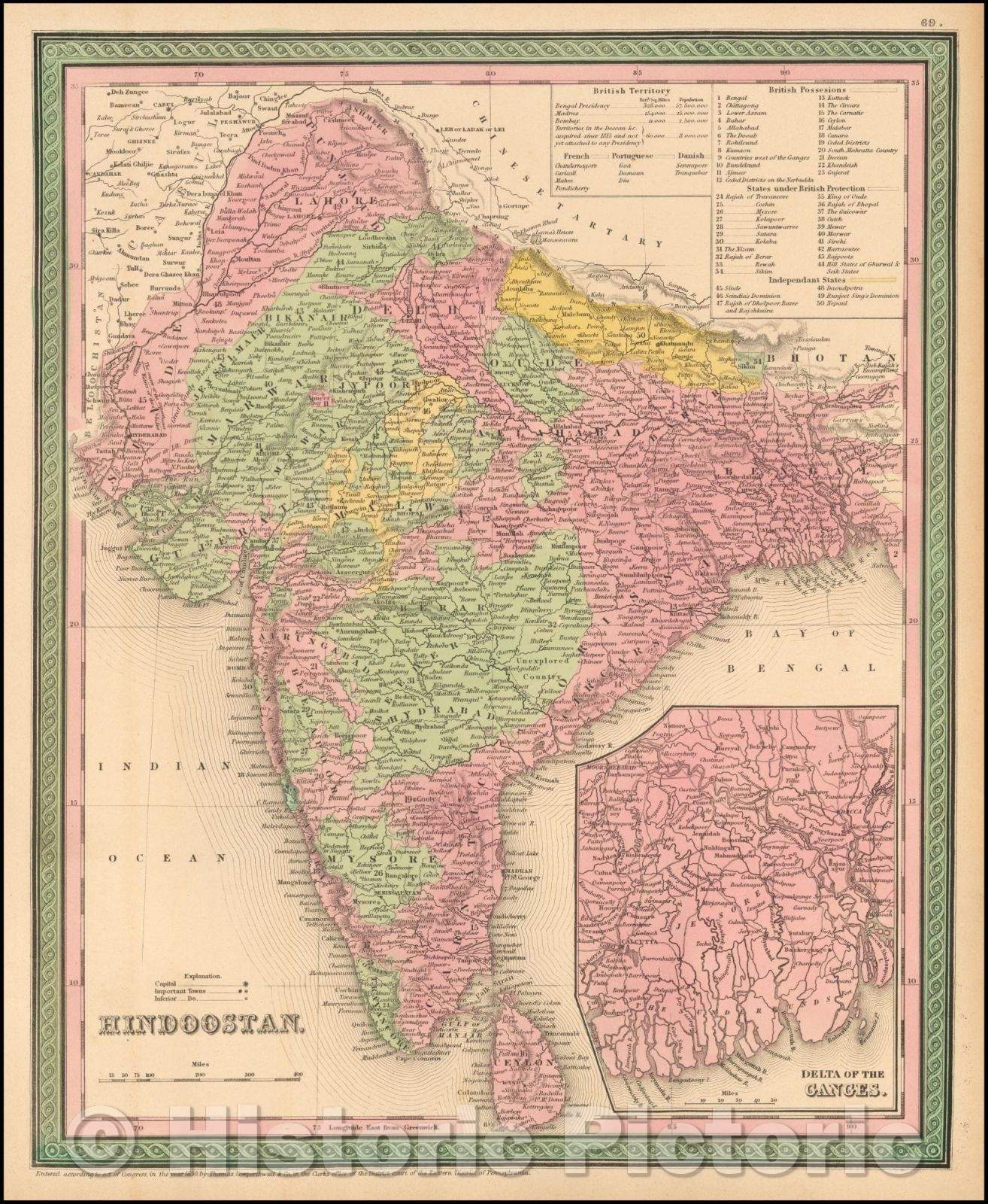 Historic Map - Hindoostan. [with] Delta of the Ganges, 1852, Thomas Co ...