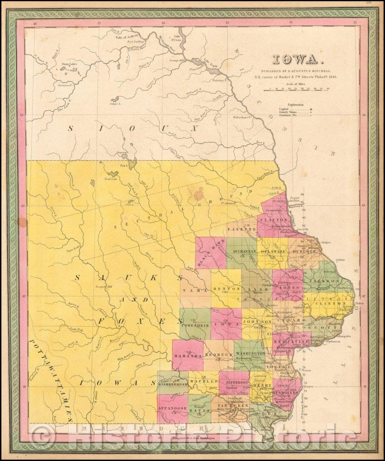 Historic Map - Iowa, 1846, Samuel Augustus Mitchell - Vintage Wall Art ...