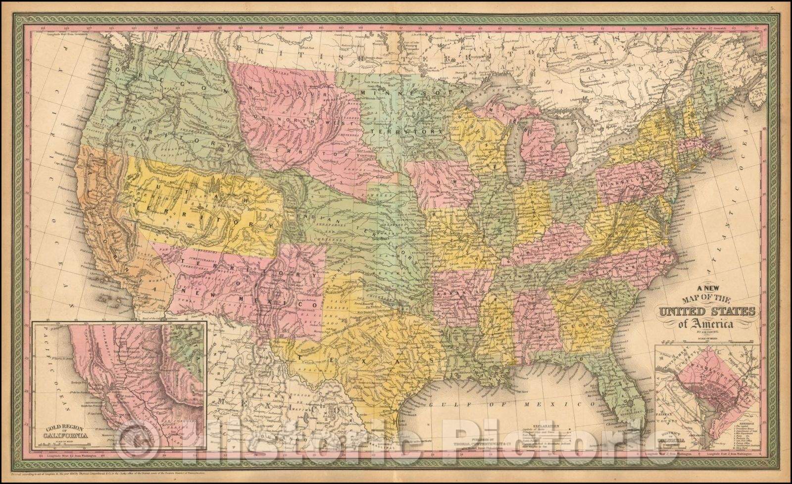 Historic Map - The United States of America, 1850, Thomas, Cowperthwai ...