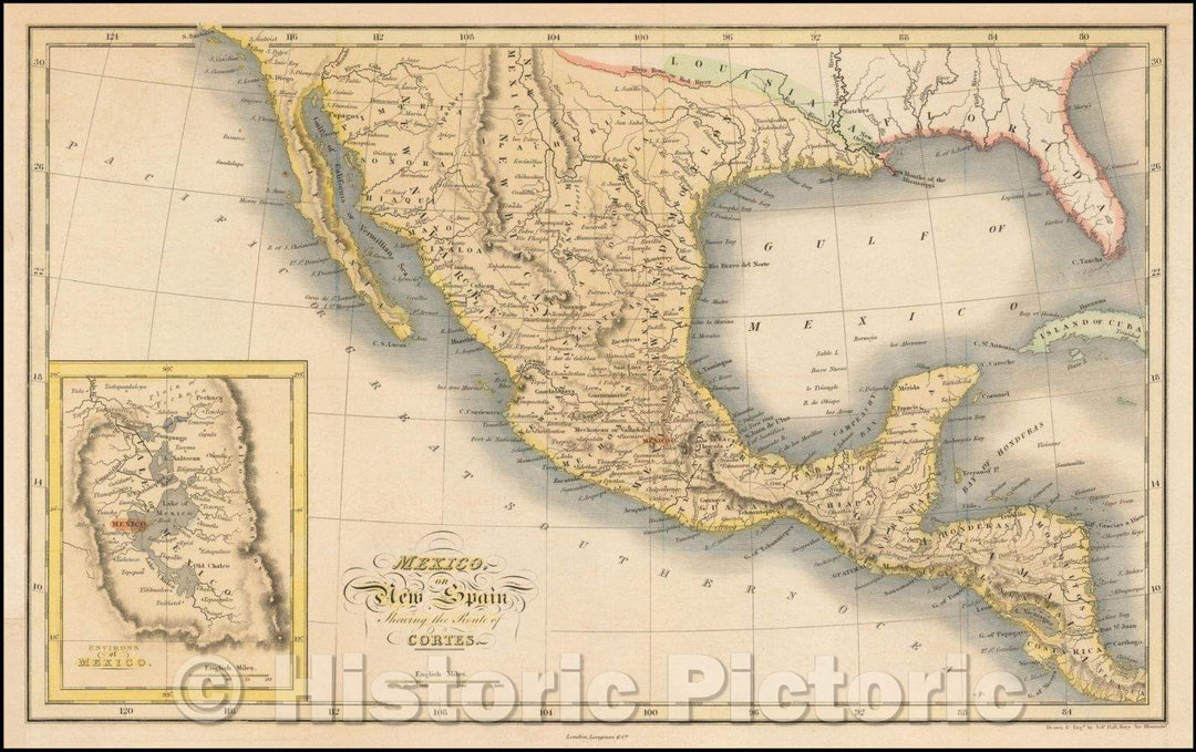 Historic Map - Mexico or New Spain Shewing the Route of Cortes, 1820 ...