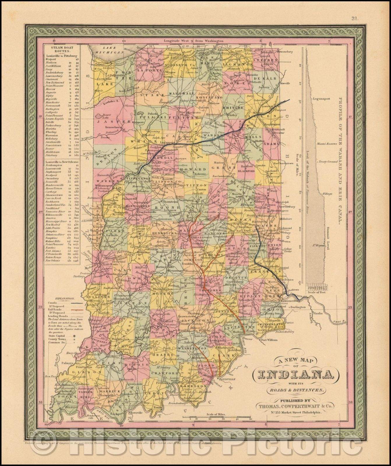 Historic Map - Indiana with its Roads & Distances, 1852, Thomas, Cowpe ...