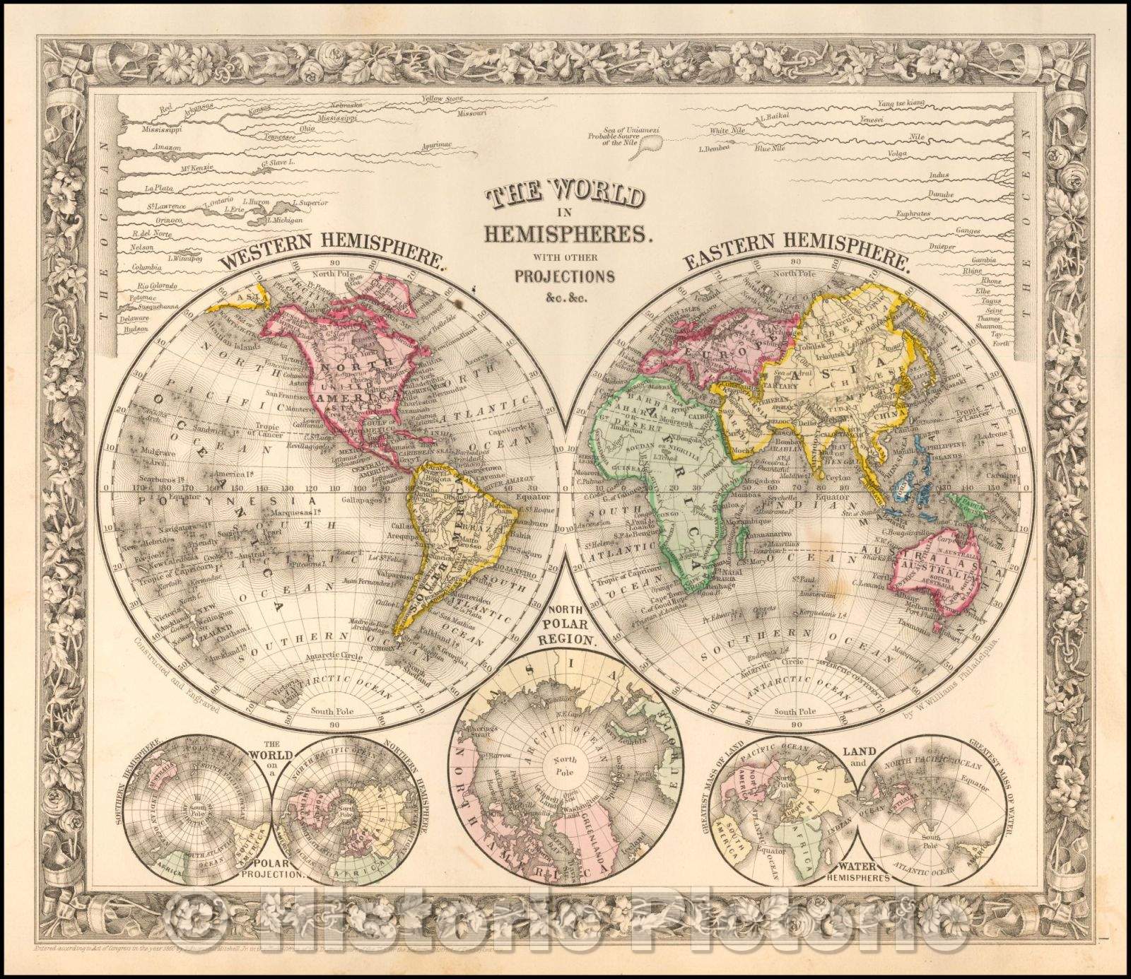 Historic Map - The World In Hemispheres. With Other Projections, 1861 ...