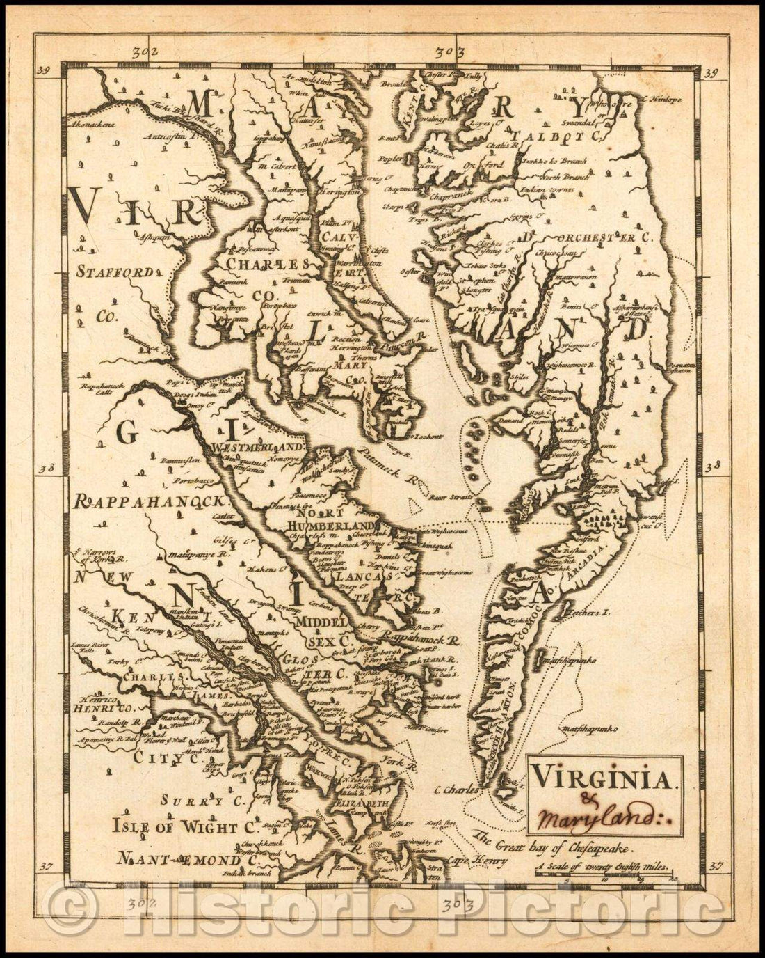 Historic Map - Virginia (& Maryland), 1681, Sir Jonas Moore - Vintage ...