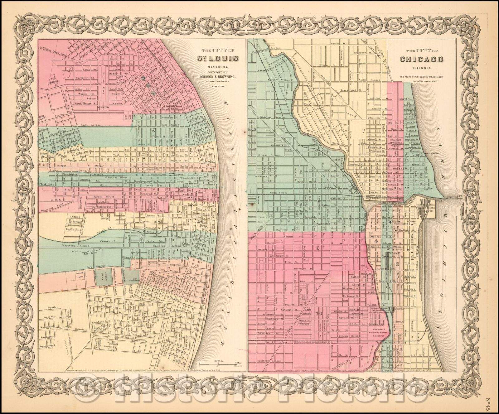 Historic Map - The City of St. Louis [with] The City of Chicago, 1860 ...