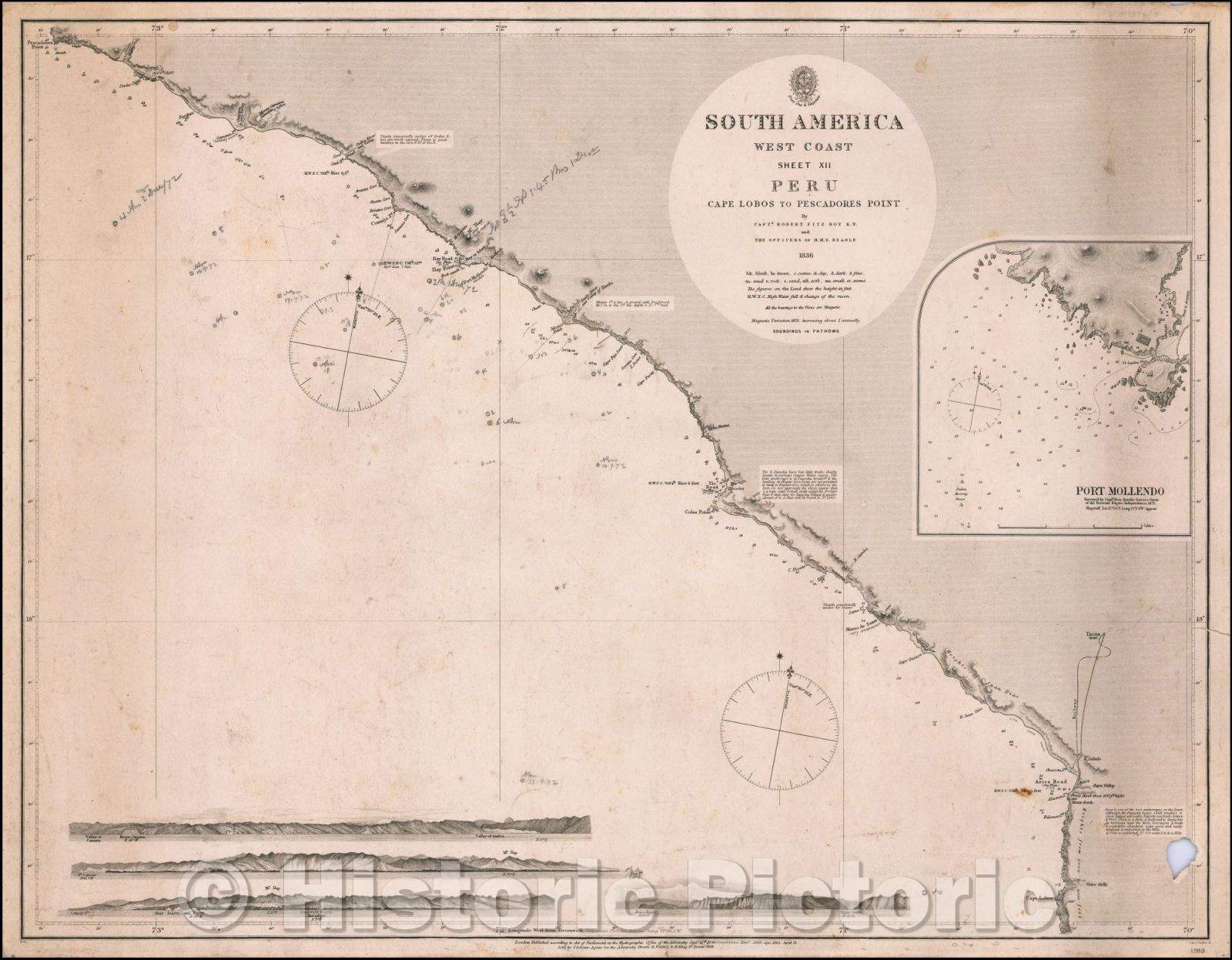 Historic Map - Sheet XII Peru Cape Lobos to Pescadores Point, 1836, Br ...